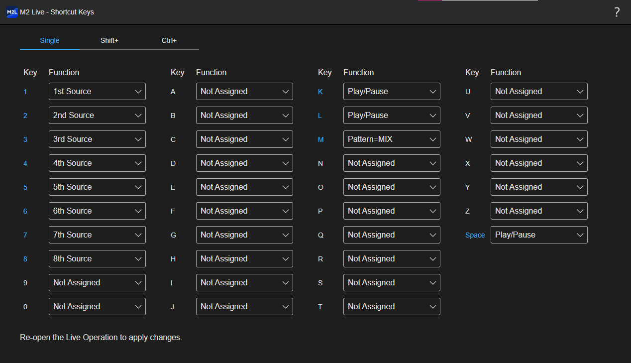 M2 Live | Help Guide | Configuring Shortcut Keys